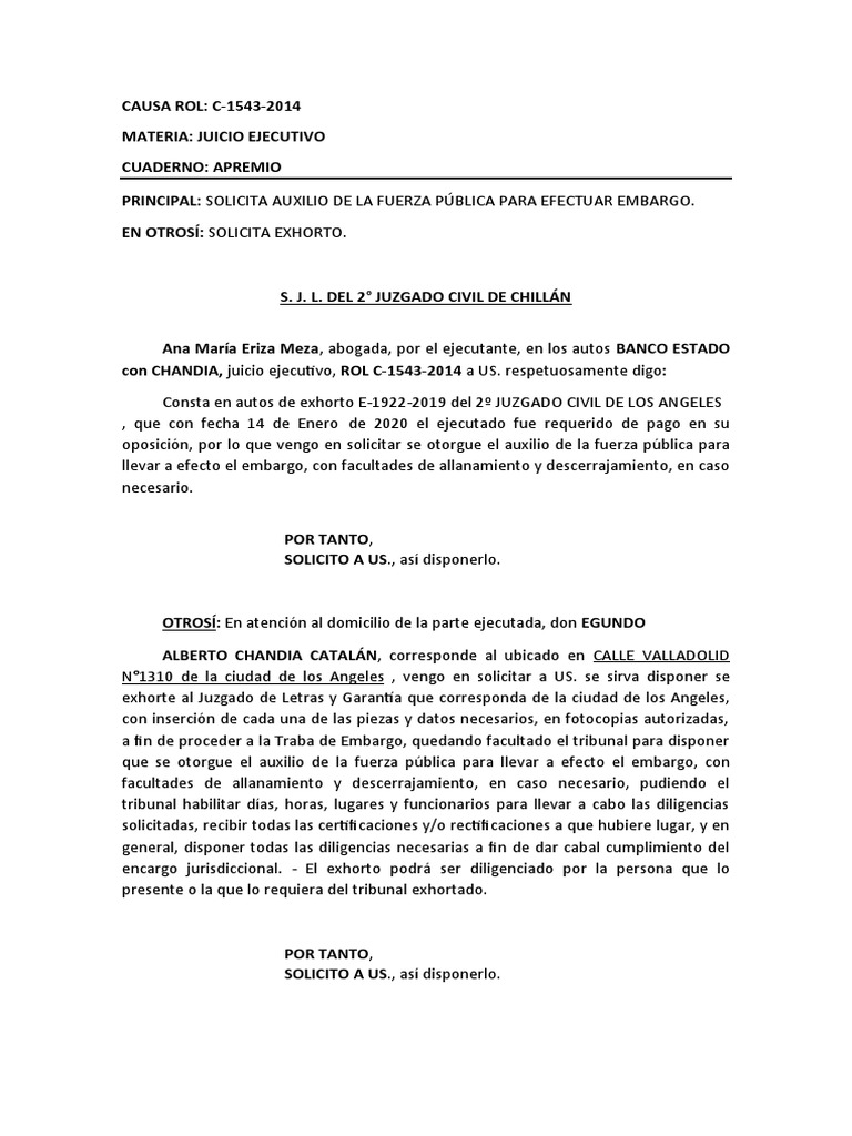 Solicitud Embargo Con Fuerza Pública y Exhorto 1543-2014 | PDF