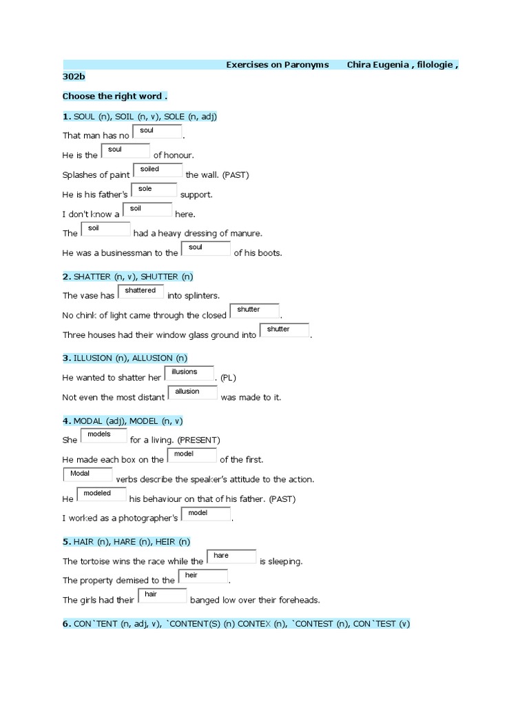Exercises On Paronyms | PDF | Tendon | Nature