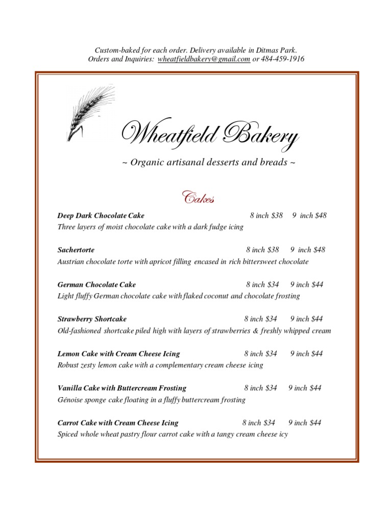 Wheatfield Bakery Menu | PDF | Cakes | Desserts