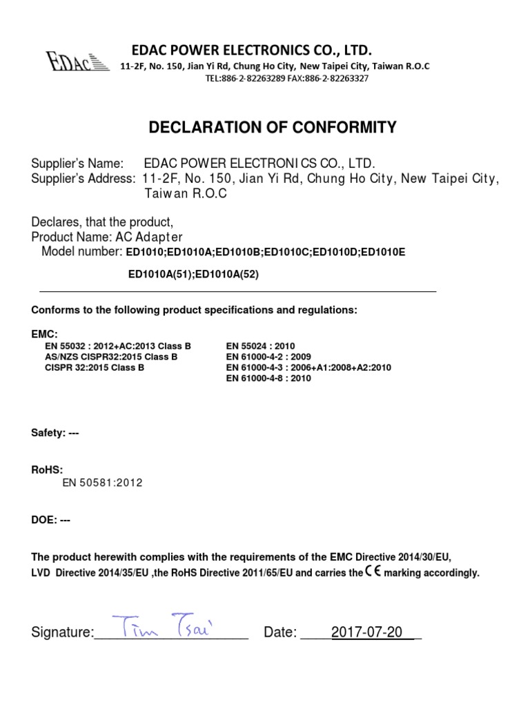 EMC-ED1010 Declaration of Conformity | PDF