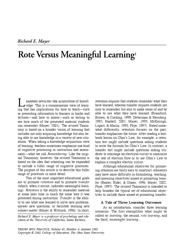 Rote Versus Meaningful Learning: Richard E. Mayer | PDF | Learning ...