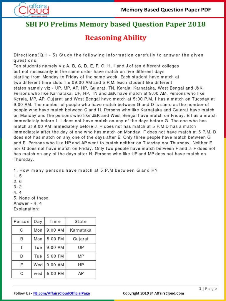 SBI PO Prelims Memory Based Question Paper 2018: Reasoning Ability ...