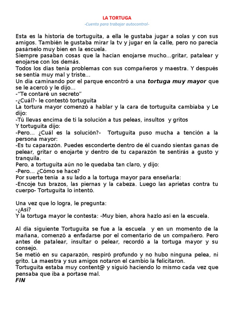 Cuento de la Tortuga: Autocontrol Infantil | PDF | Artes del Lenguaje y ...