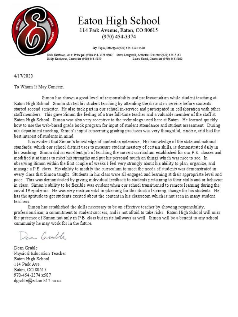 Simon Villanoz Letter of Rec From Dean Grable | PDF | Physical ...