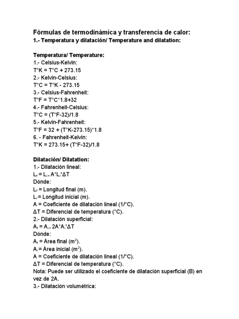 Fórmulas de Termodinámica y Transferencia de Calor | PDF | Expansión ...