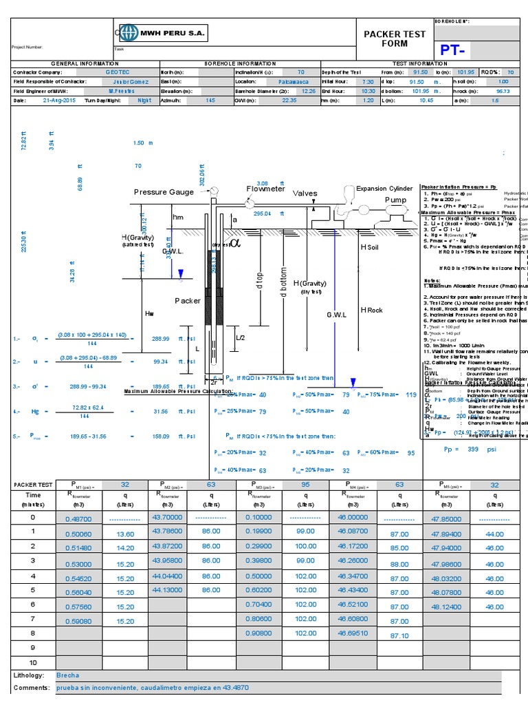 Packer Test Form Lumina Copper SAC: Client | PDF | Pressure | Gases
