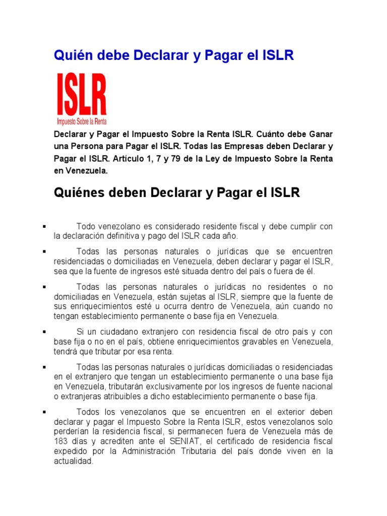 Quién Debe Declarar y Pagar El ISLR | PDF | Impuesto sobre la renta ...