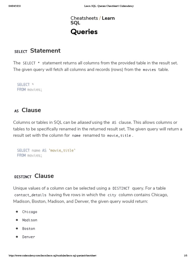 Learn SQL - Queries Cheatsheet - Codecademy | PDF | Information Management | Computer Data
