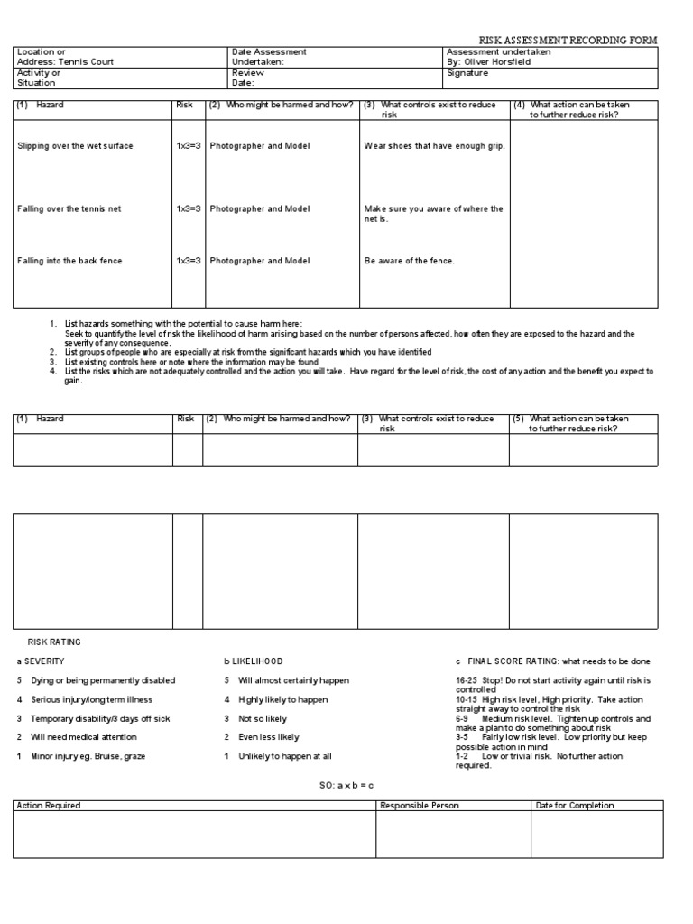 Tennis Court Risk Assessment Form | PDF | Risk Assessment | Risk