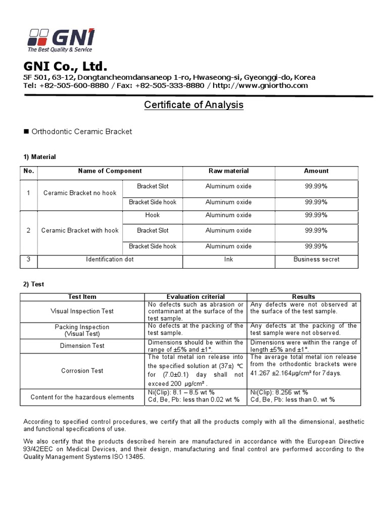 01 Certificate of Analysis - Ceramic Bracket | PDF | Ceramics ...