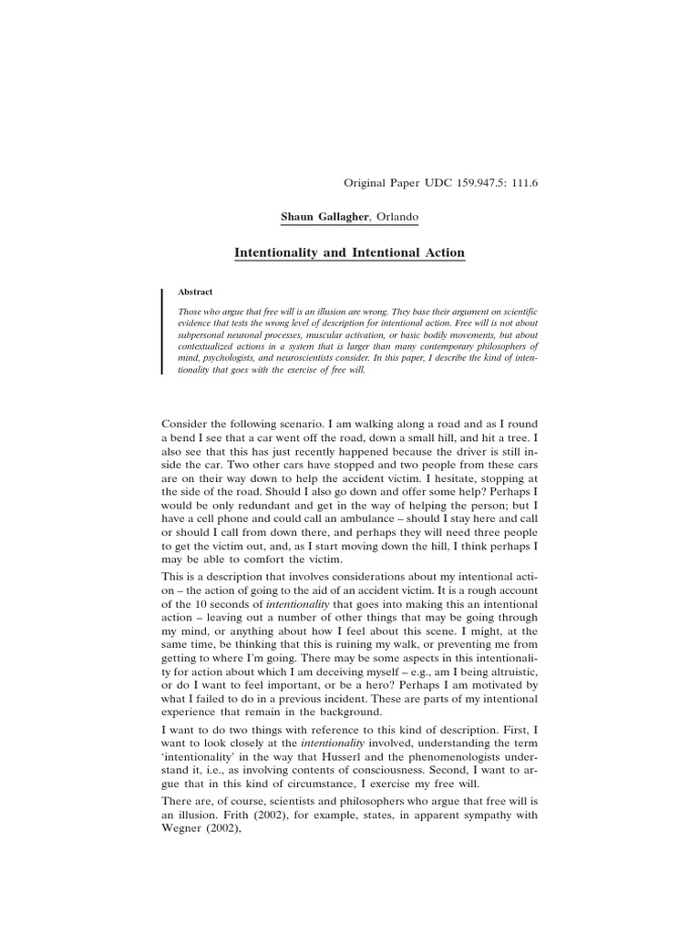 Intentionality and Intentional Action: Shaun Gallagher | PDF | Free Will | Consciousness
