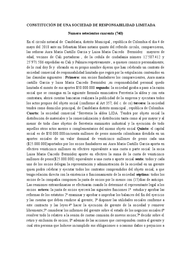 Constitución de Una Sociedad | PDF | Sociedad de responsabilidad limitada | Conceptos legales