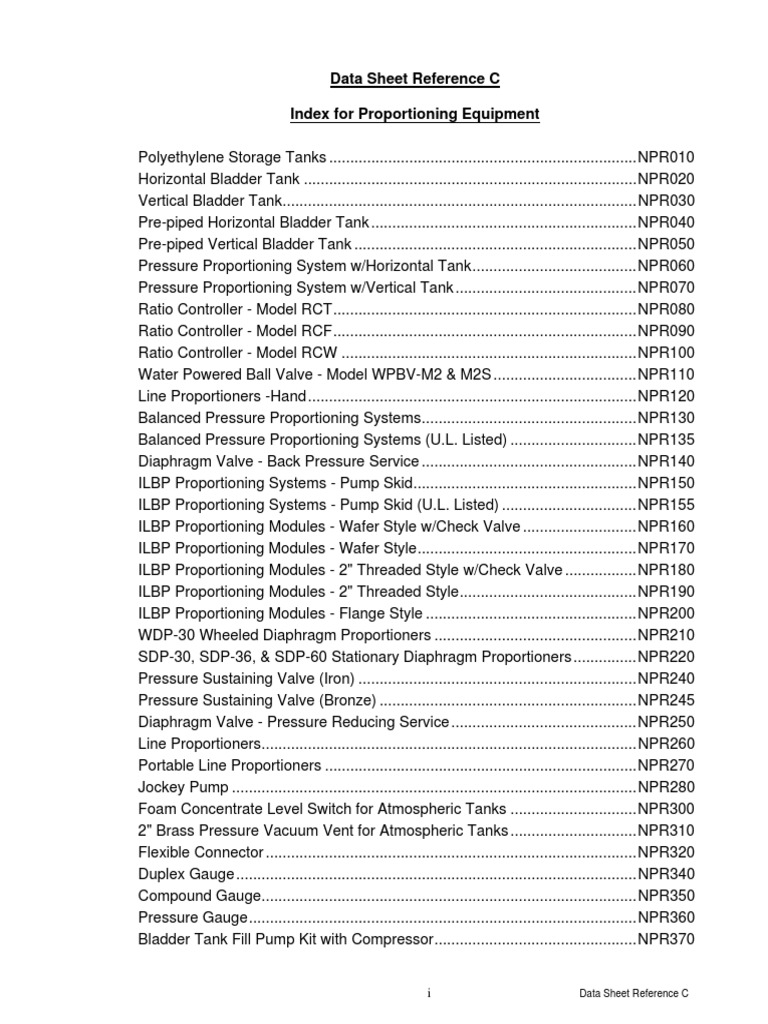 C Index - Proportioning Equipment Data Sheets | PDF | Valve | Pump
