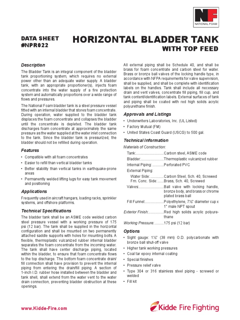 Horizontal Bladder Tank: Data Sheet #Npr022 | PDF | Valve | Foam