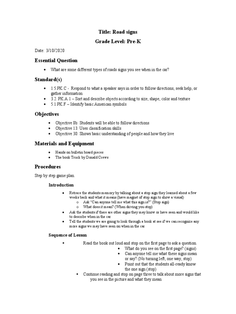 Road Signs Lesson Plan | PDF | Cognition | Learning