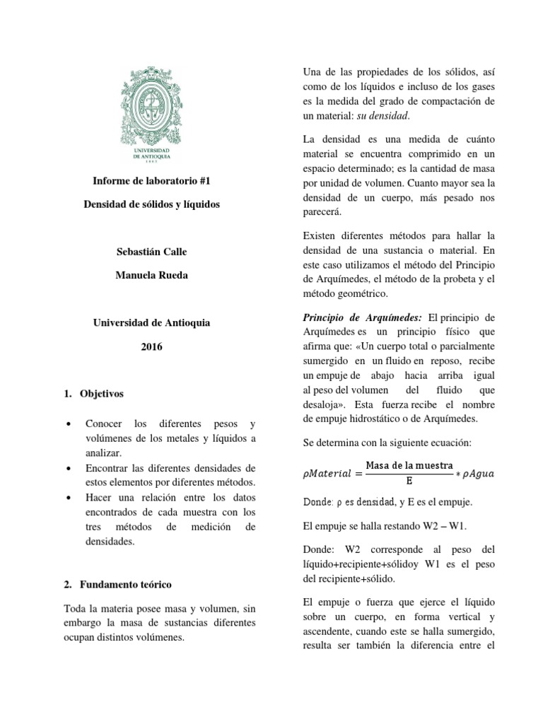 Informe De Laboratorio 1 Densidad De Sólidos Y Líquidos Pdf