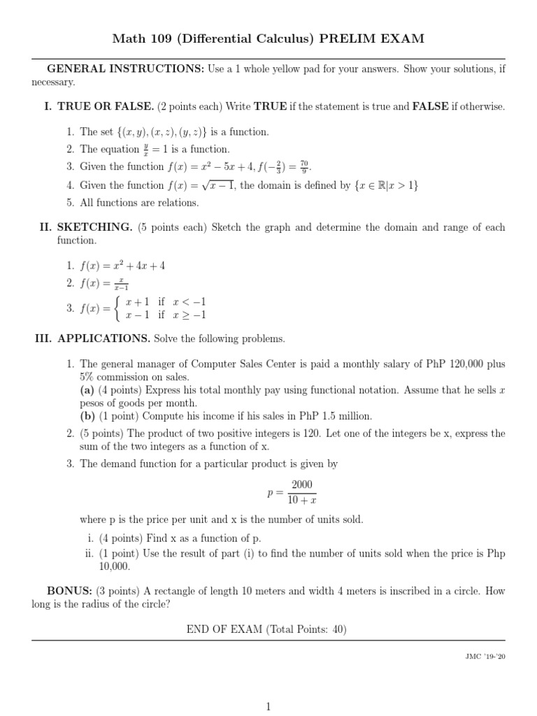 Math 109 Prelim Exam | PDF | Function (Mathematics) | Elementary ...