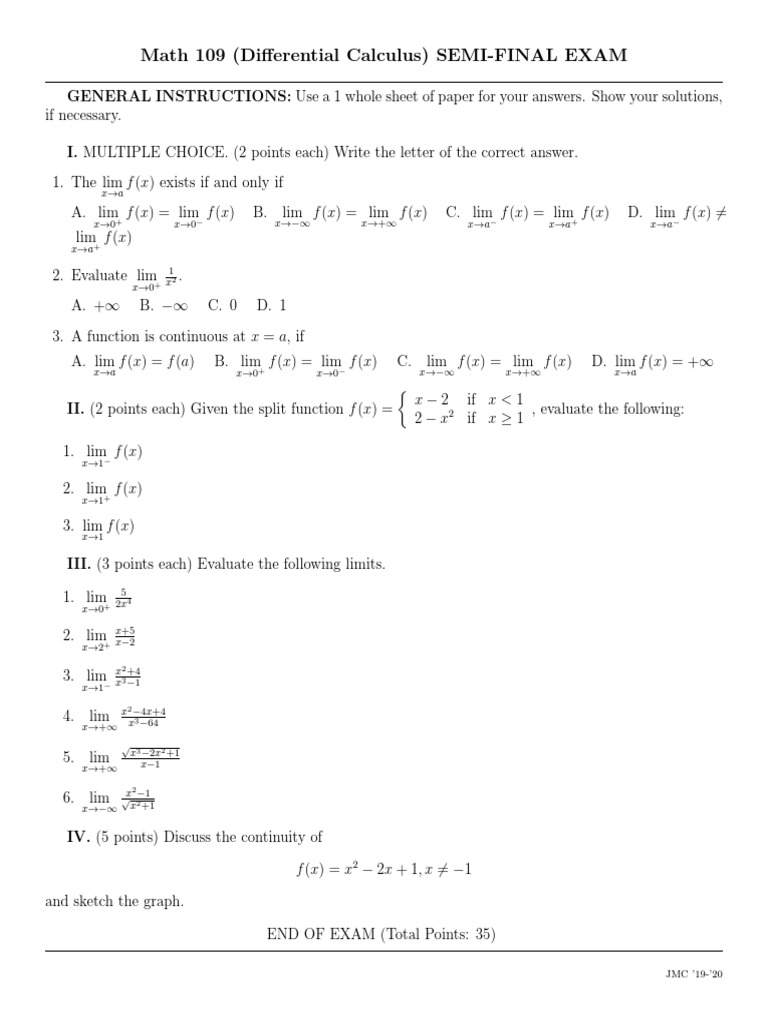 Math 109 Semi-Final Exam | PDF