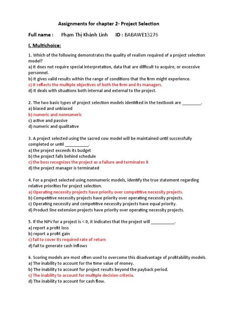Assignments For Chapter 2 Project Selection - BABAWE13276 | PDF | Net Present Value | Economies
