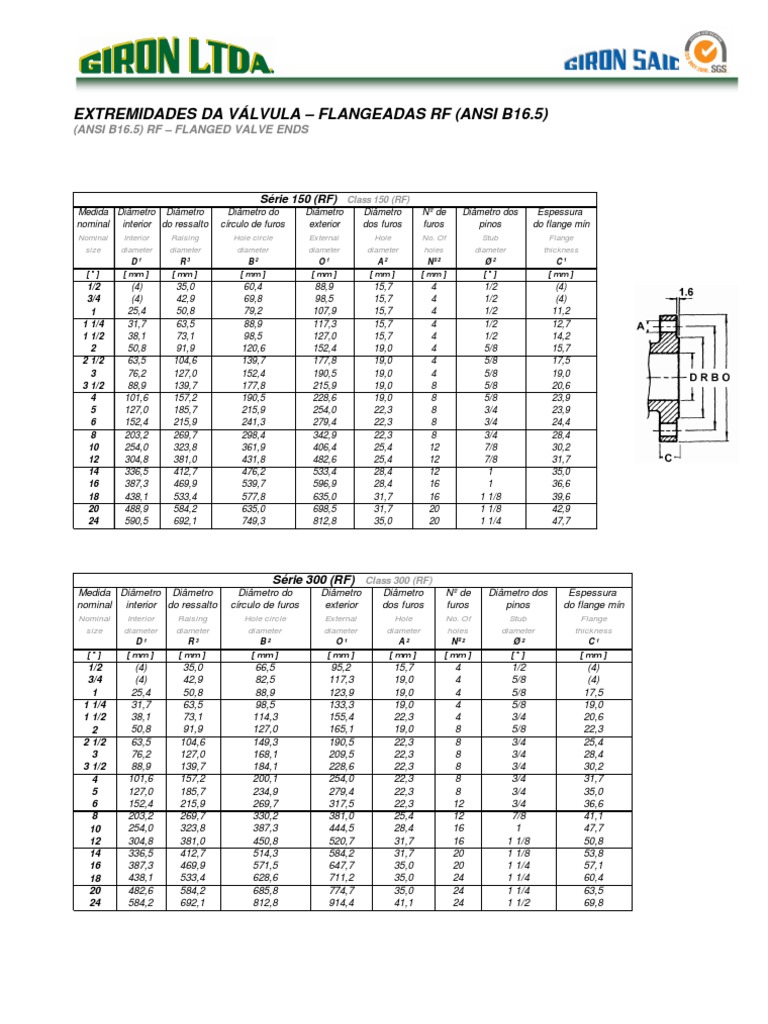 Dimensões de flanges ANSI B16.5 RF português | Tecnologias de gás ...