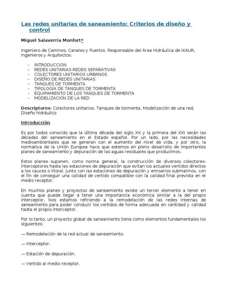 Las Redes Unitarias de Saneamiento. Criterios de Diseño y Control ...