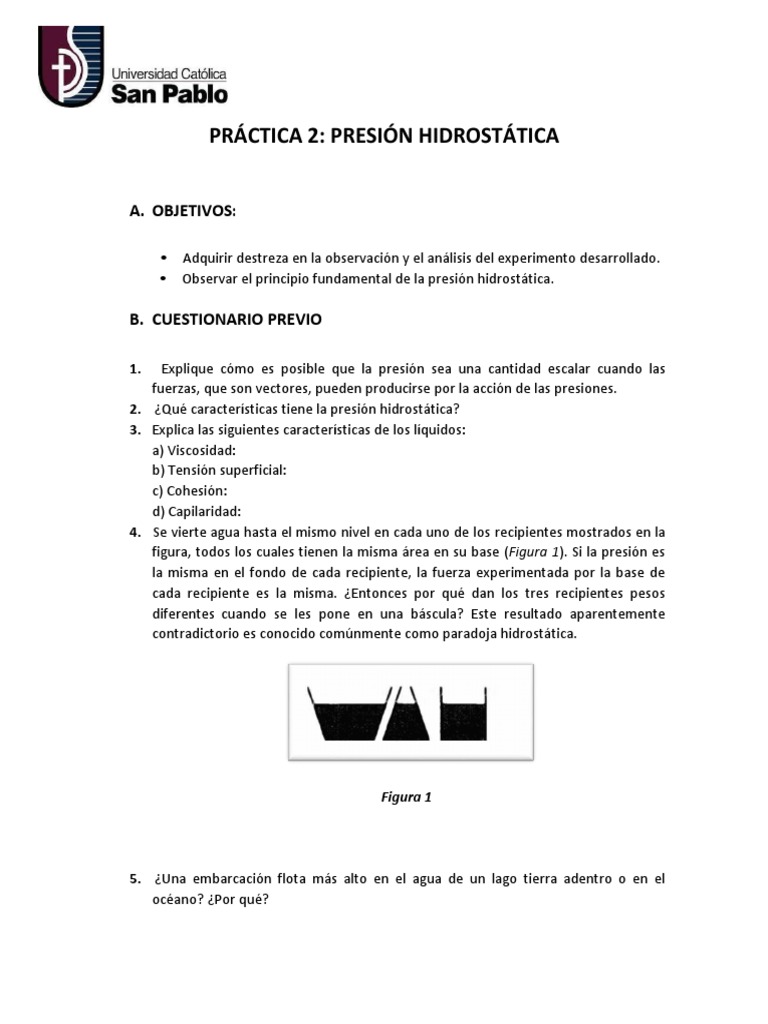 Práctica 2 - Presion Hidrostatica | PDF | Líquidos | Presión