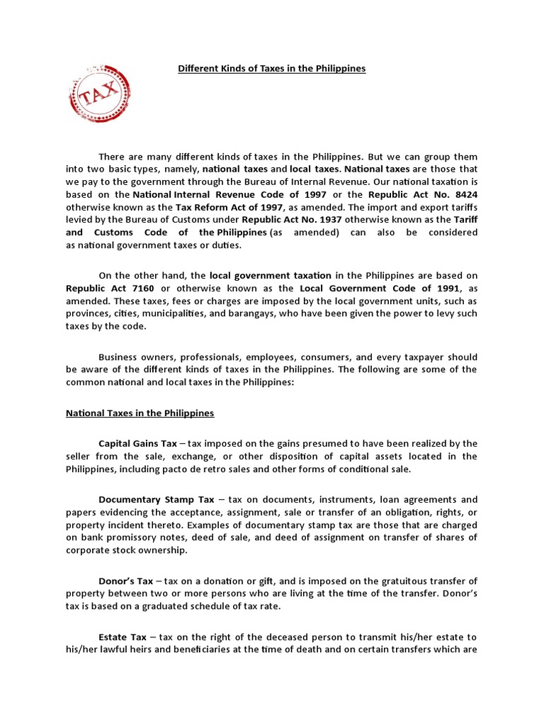 Types of Taxes in the Philippines | PDF | Withholding Tax | Taxes