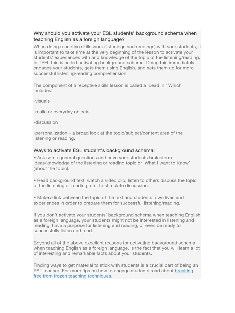 Why Should You Activate Your ESL Students' Background Schema When ...