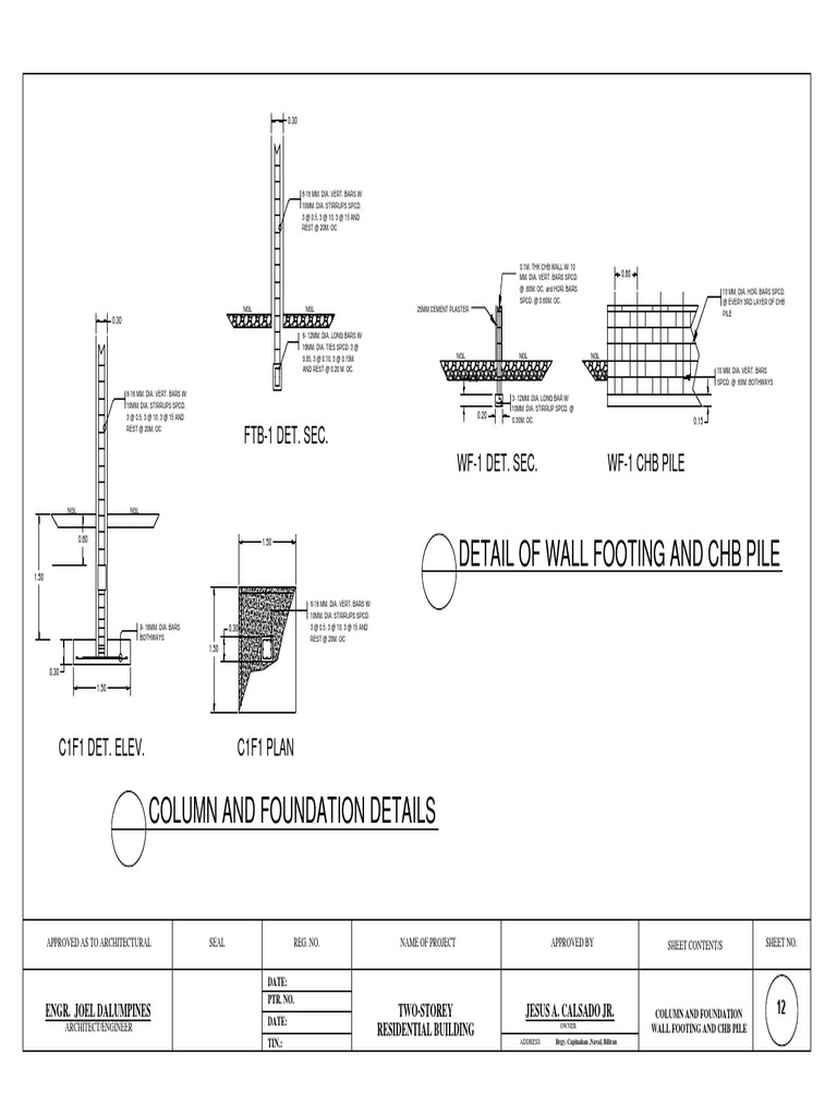 Detail of Wall Footing and CHB Pile: Ftb-1 Det. Sec. Wf-1 Det. Sec. Wf ...