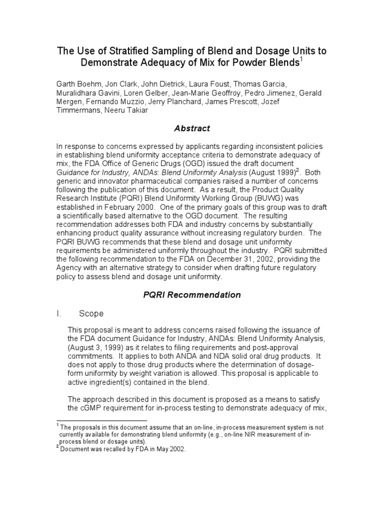 Blend Uniformity Analysis | PDF | Food And Drug Administration ...