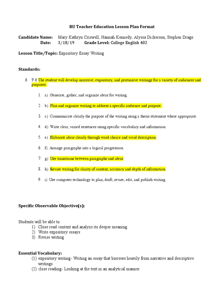 RU Teacher Education Lesson Plan Format Candidate Name: Grade Level ...