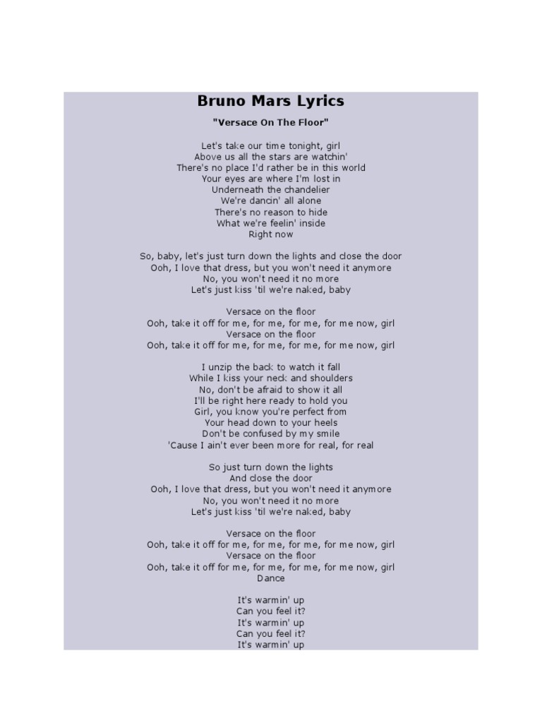 Bruno Mars Lyrics: "Versace On The Floor" | PDF