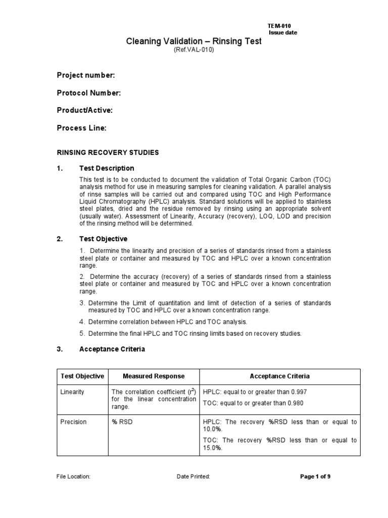 Cleaning Validation Rinsing Tes | PDF | Total Organic Carbon | High ...