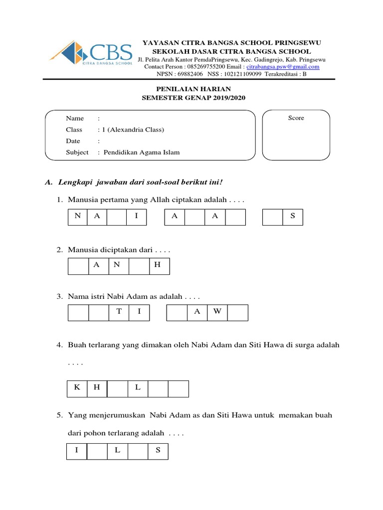 Soal Nabi Adam untuk Kelas 1 SD | PDF