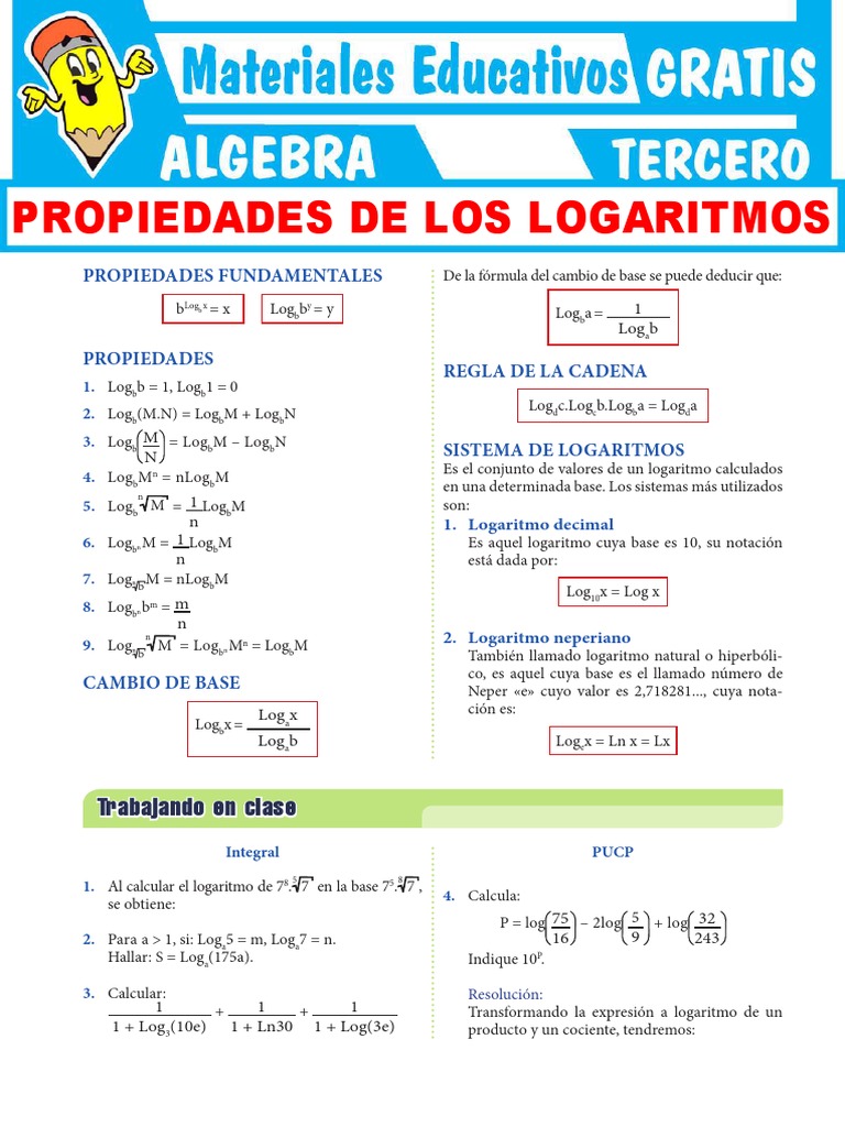 Propiedades de Los Logaritmos para Tercer Grado de Secundaria PDF | PDF | Logaritmo | Funciones ...