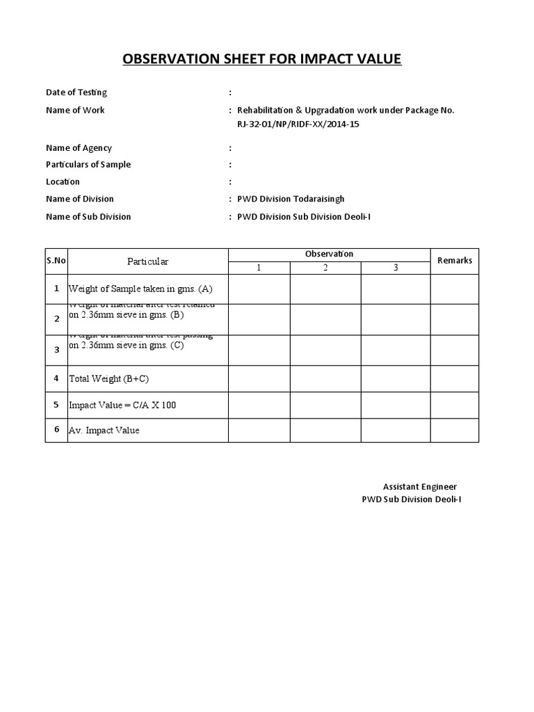 Observation Sheet For Impact Value: Particular | PDF