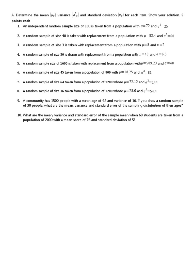 Worksheet 4 - Mean and Variance of Sampling Distribution | PDF ...
