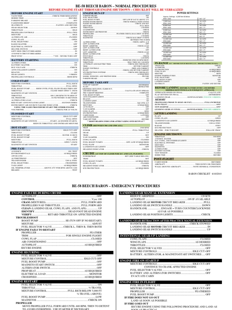 Be-58 Beech Baron – Normal Procedures: Before Engine Start Through ...
