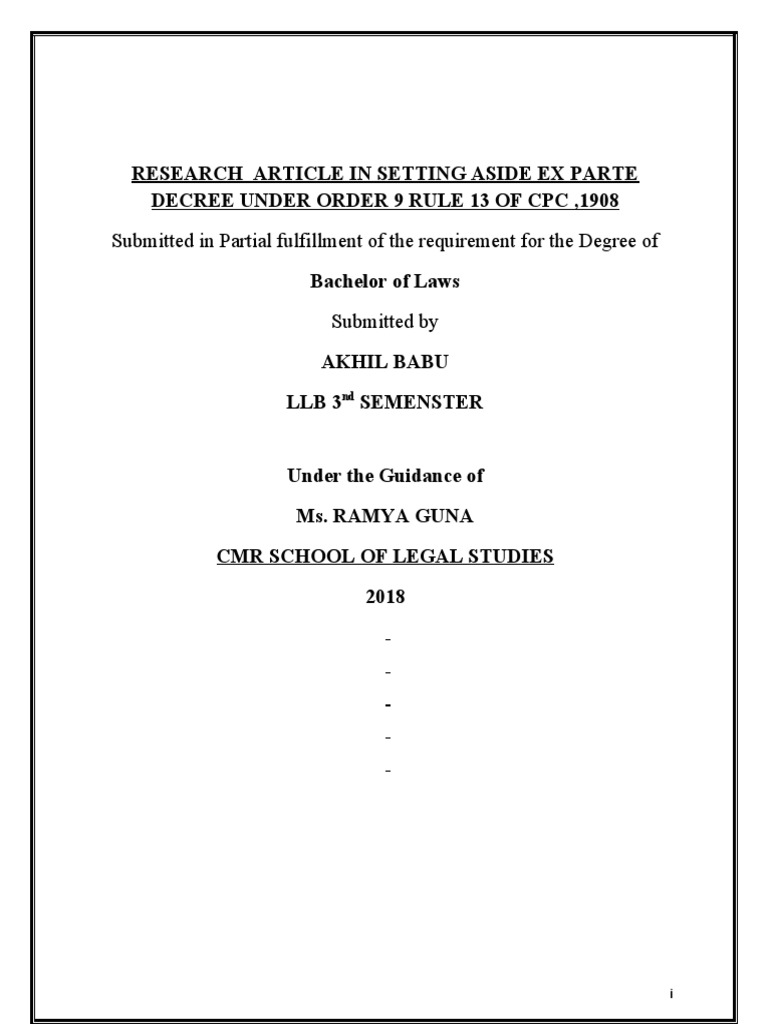 Research Article in Setting Aside Ex Parte Decree Under Order 9 Rule 13 of CPC | PDF | Ex Parte ...