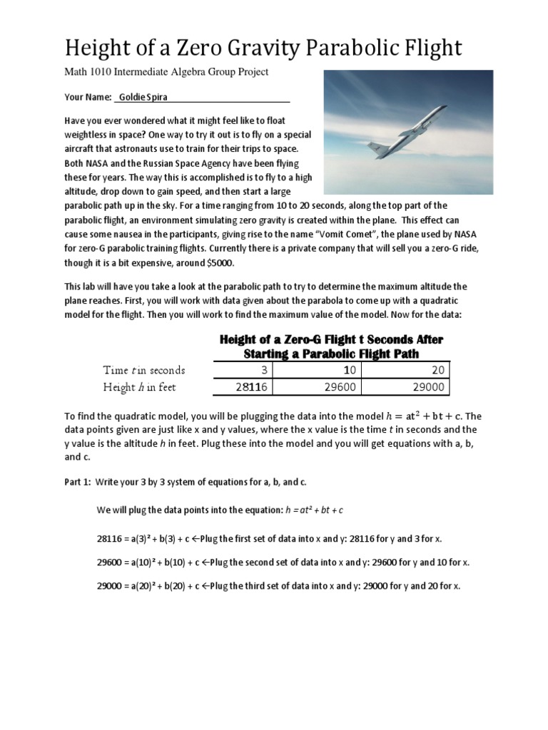 Spring 2020 Math 1010 Zero Gravity Project | PDF | Weightlessness | Quadratic Equation
