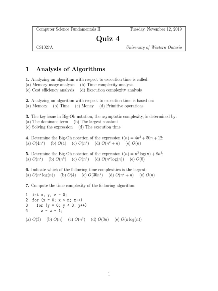Quiz 4: 1 Analysis of Algorithms | PDF | Boolean Data Type | Class ...