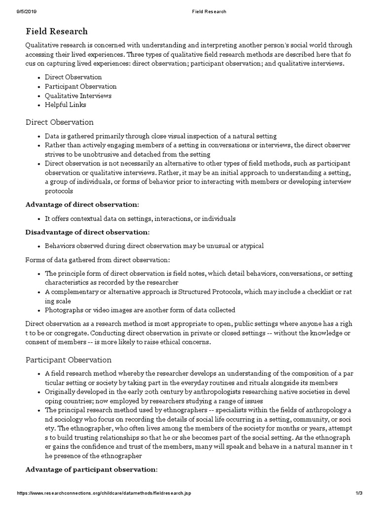 Field Research: Direct Observation | PDF | Ethnography | Interview
