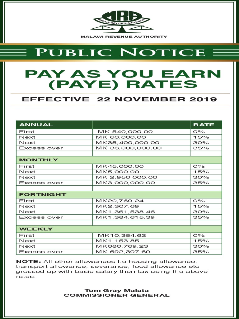 Public Notice: Pay As You Earn (Paye) Rates | PDF