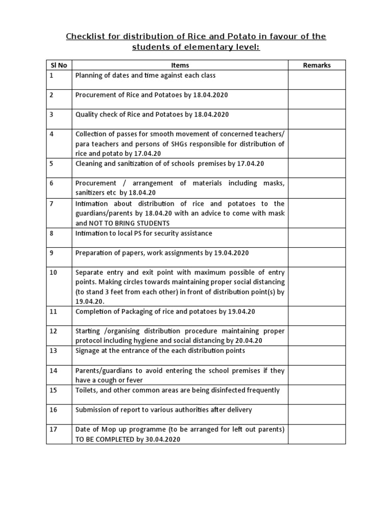Checklist For Distribution of Rice and Potato in Favour of The Students ...