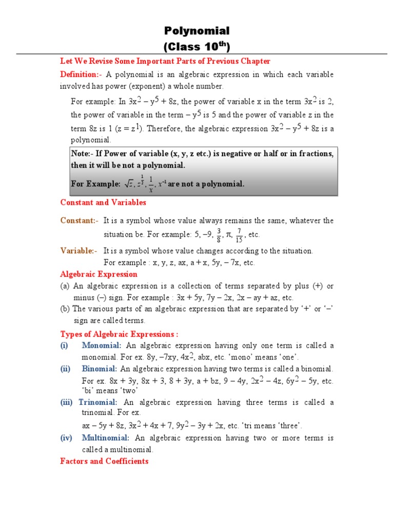 Polynomial (Class 10) : Let We Revise Some Important Parts of Previous ...