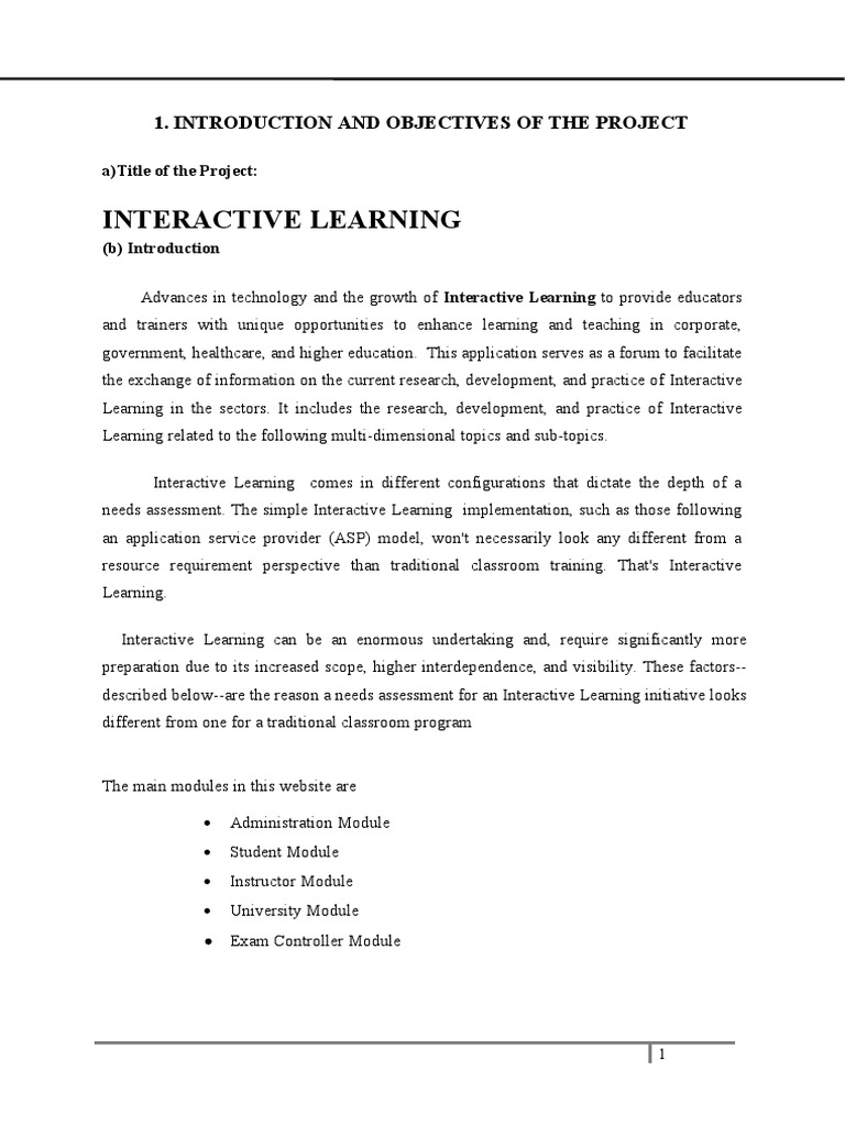 Interactive Learning: 1. Introduction and Objectives of The Project ...