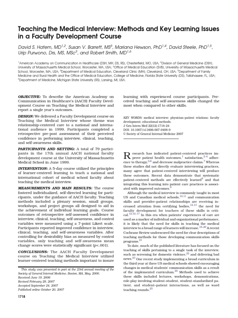 Teaching The Medical Interview: Methods and Key Learning Issues in A ...