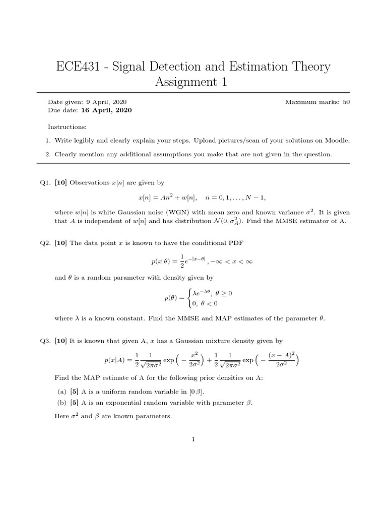 ECE431 - Signal Detection and Estimation Theory Assignment 1 | PDF | Estimation Theory ...