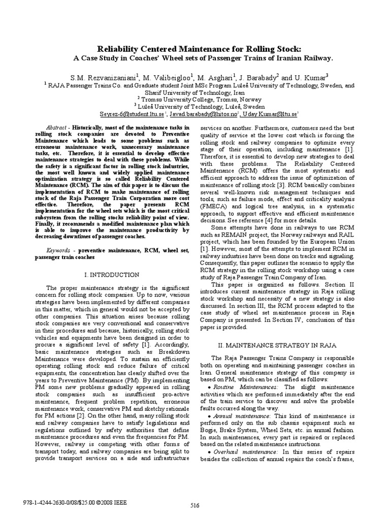 Reliability Centered Maintenance For Rolling Stock | PDF | Reliability ...