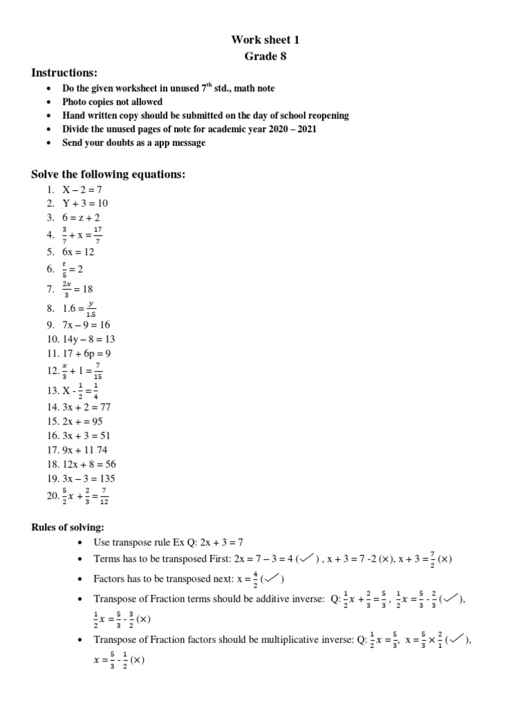 Work Sheet 1 Grade 8 Instructions:: STD., Math Note | PDF